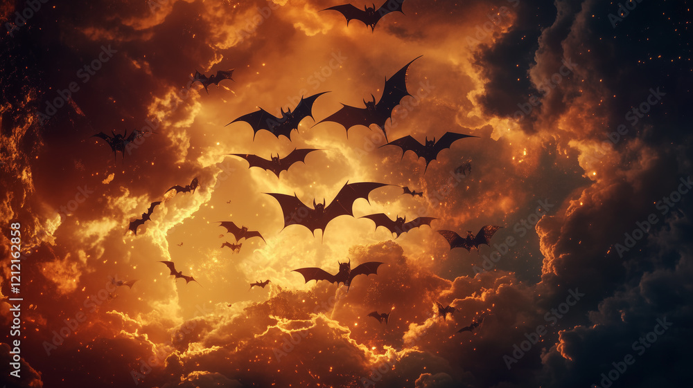 A group of bats flying in the night sky, with clouds and stars in the ...