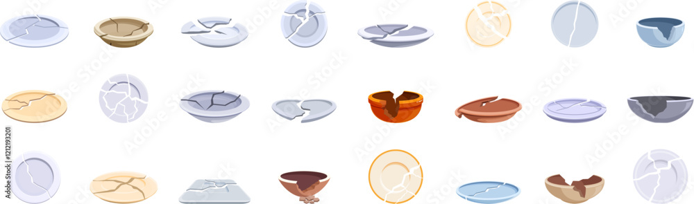 Broken plates icons set. Set of broken ceramic kitchenware featuring ...