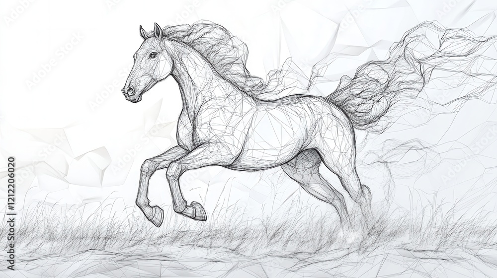 Galloping Horse in Meadow, fluid line art captures the essence of ...