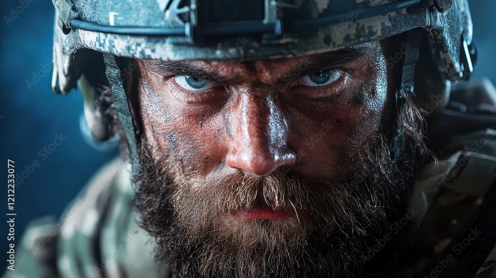 A fierce soldier with warpaint-like dirt on his face projects an ...