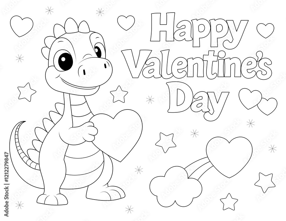 happy valentine's day coloring page, dinosaur holding heart. ready to ...