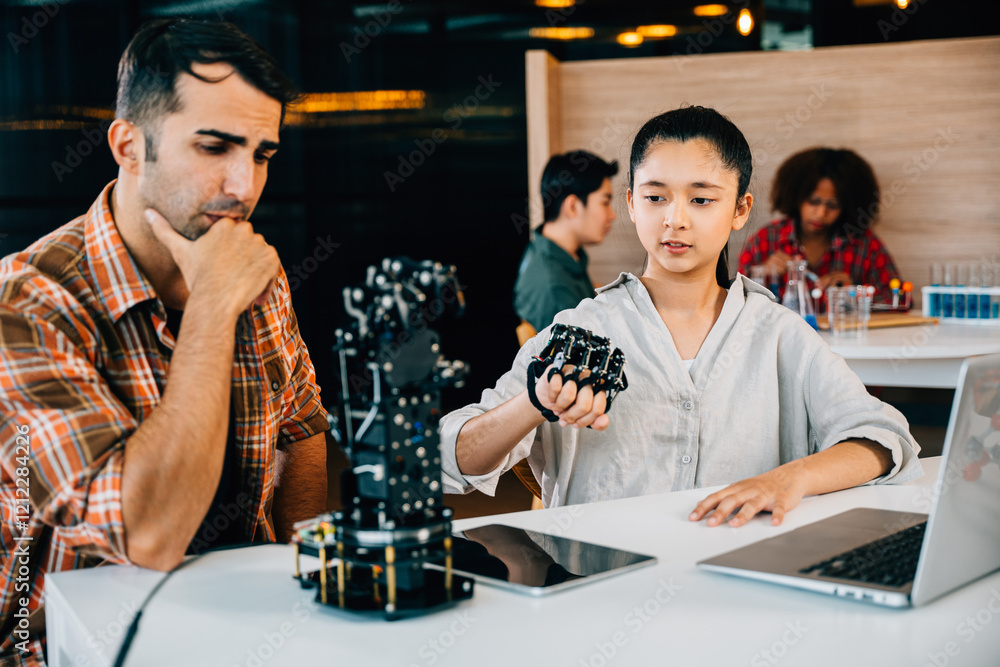 In classroom setting teacher aids student in crafting a robotic arm for ...