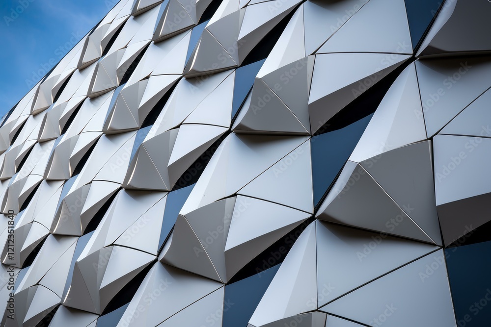 Futuristic facade featuring a repeating pattern of triangular panels ...