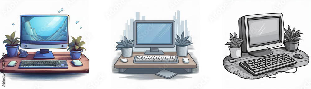 Three computer setups are illustrated, each featuring a desktop ...