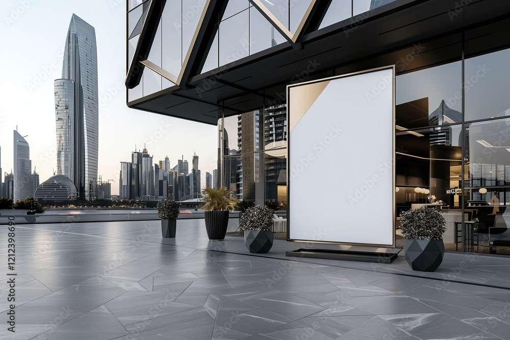 Frontal view of blank poster mockup highlighted by modern architecture ...