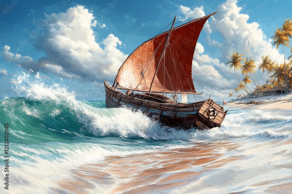 A pixel art representation of a Zanzibar beach with animated waves, a ...