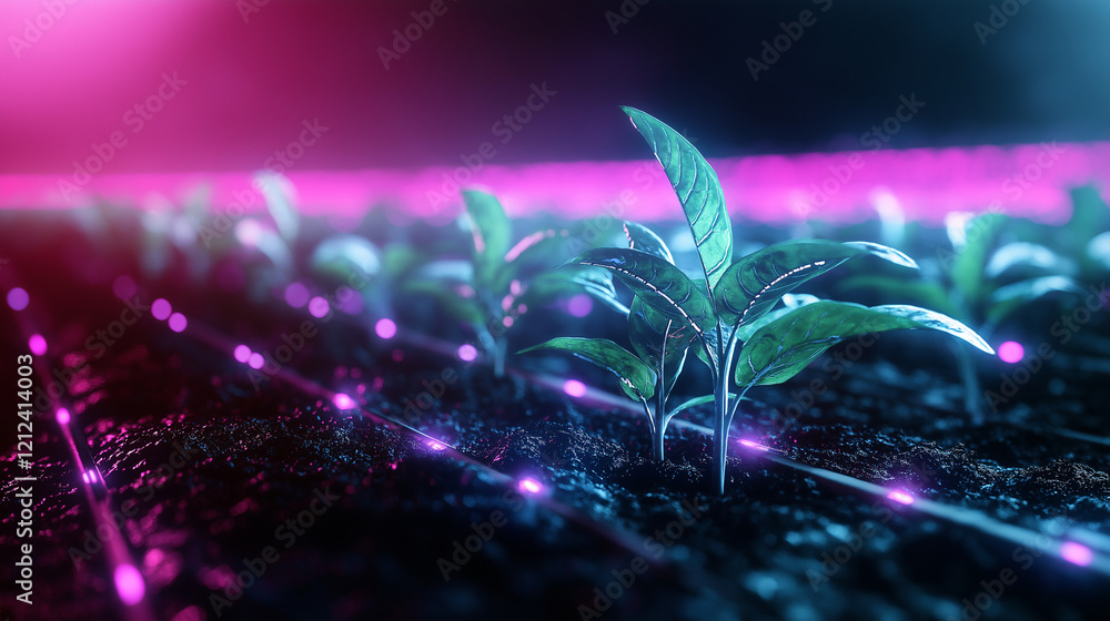 Rows of glowing plants with translucent leaves, their radiant colors ...