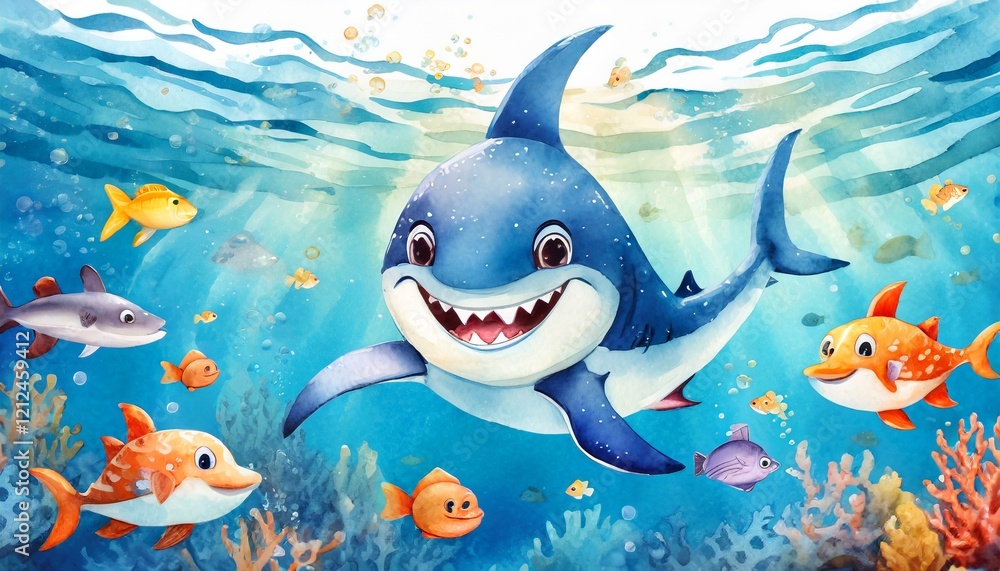 Cute baby Shark smiling happily and swimming in a deep sea background ...