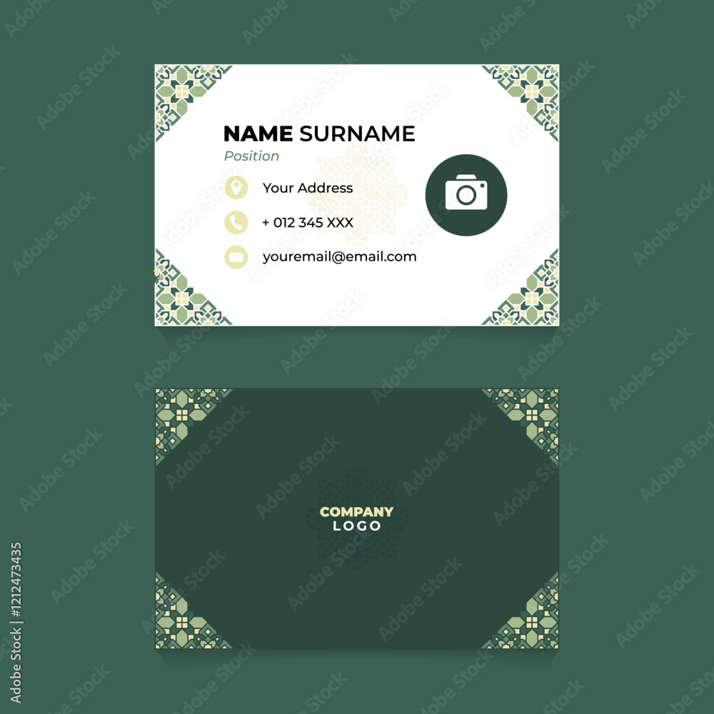 Name Card Design with Green Pastel Islamic Ornament on The Corner Stock ...