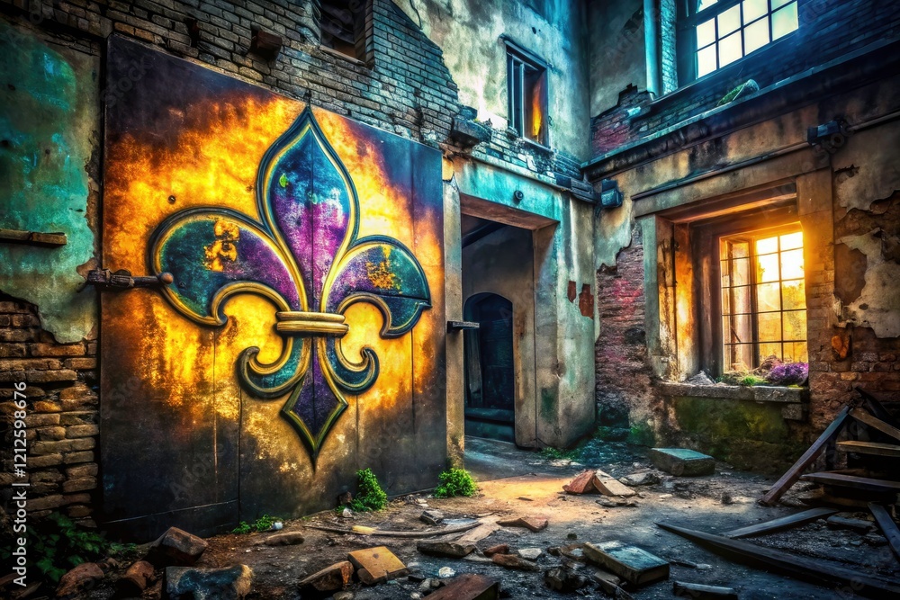Dark, mysterious urban exploration: decaying architecture, grunge, fleur-de-lis graffiti, street ...