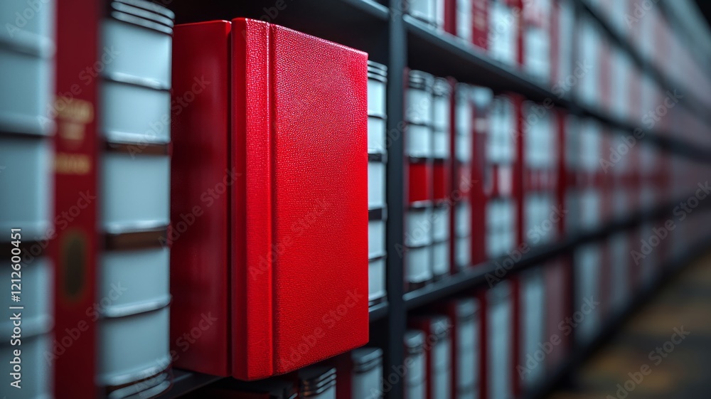 Red book standing out among rows of classic library shelves Stock Illustration | Adobe Stock