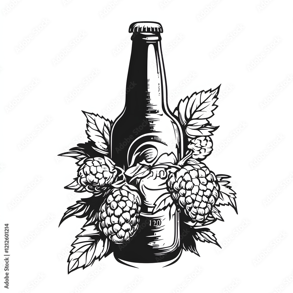 Beer bottle black and white illustration on white background, line art ...