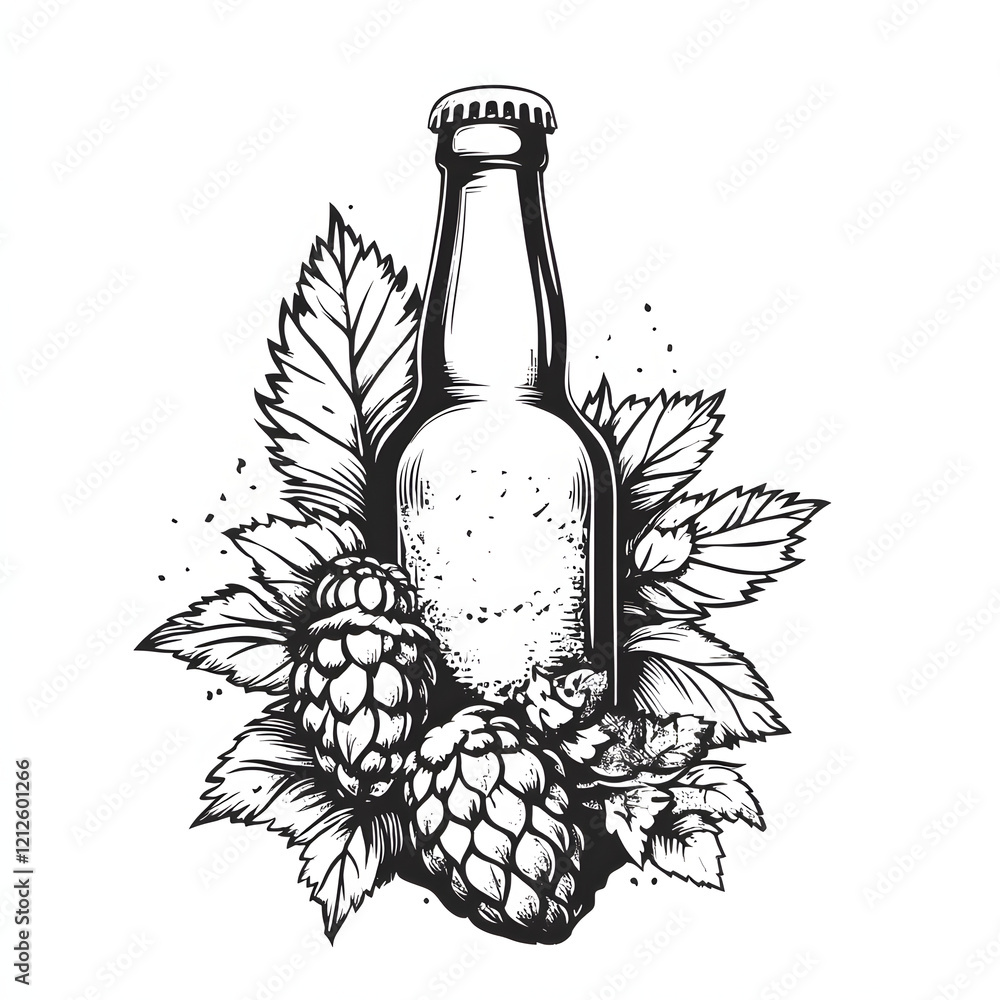 Beer bottles black and white illustration on white background, line art ...
