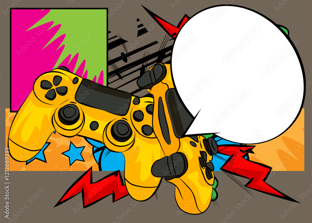 Cartoon Gaming controller with blank speech bubble, comic book Joystick background. Retro vector ...