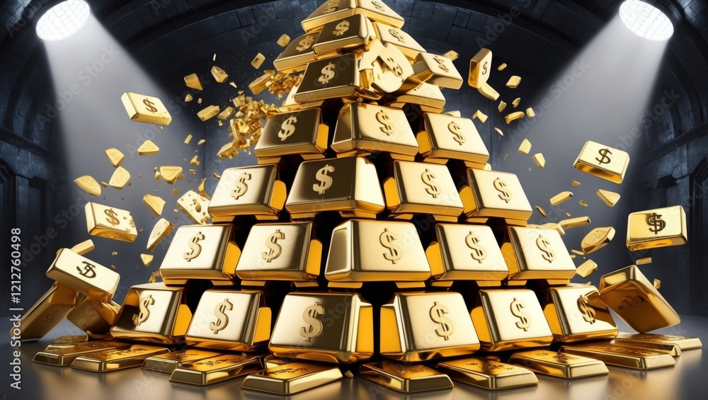 Crumbling gold pyramid with dollar signs Stock Photo | Adobe Stock