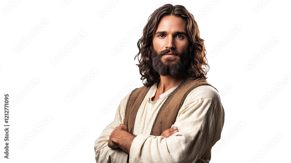 Jesus Christ walking forward with open arms, looking up towards heaven ...