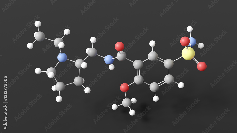 levosulpiride molecule 3d, molecular structure, ball and stick model, structural chemical ...