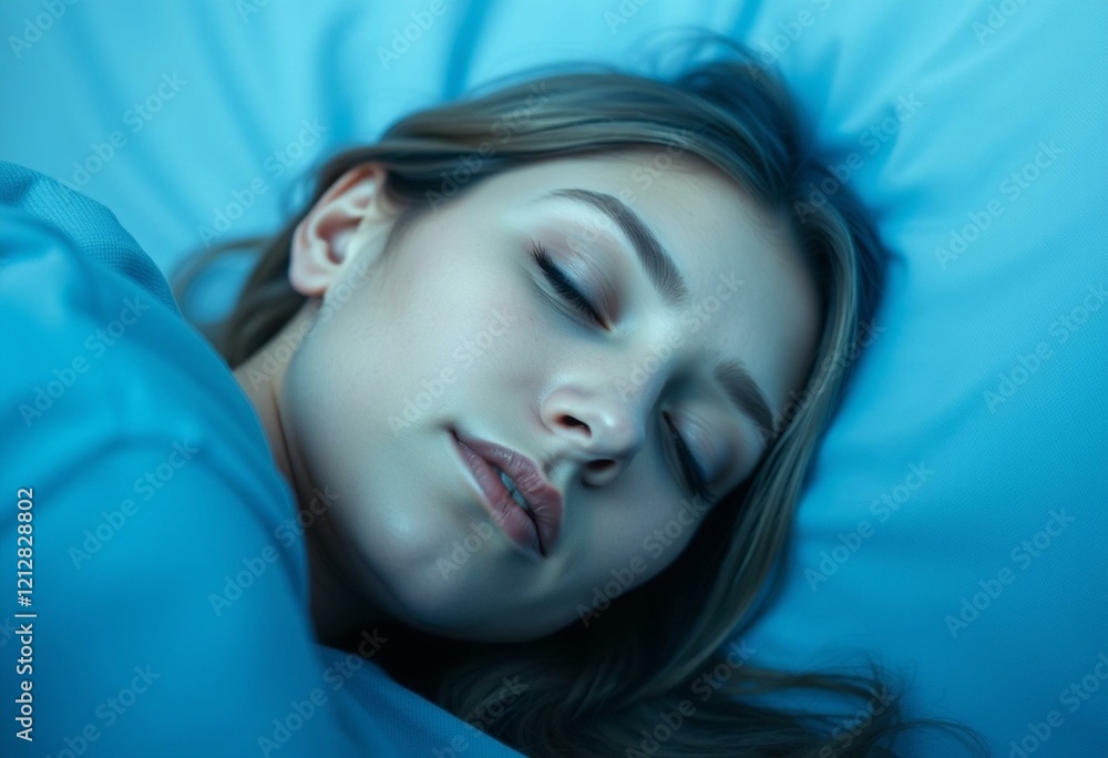 Sleeping female portrait with blue background and shallow depth of ...