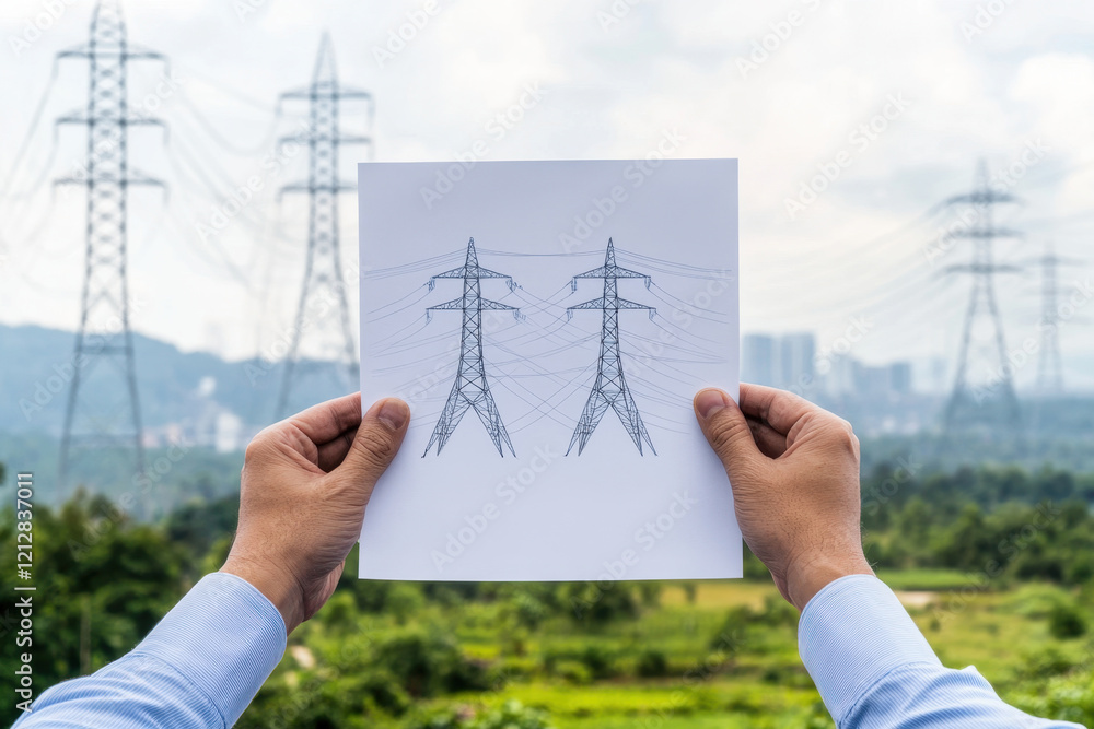 A person holds a drawing of power lines in front of actual power towers ...