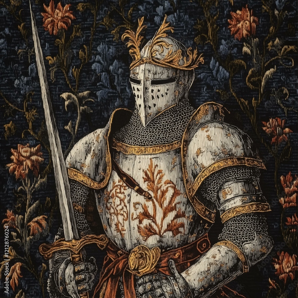 Knight With Sword In Elaborate Armor And Crown Embroidered Textile ...