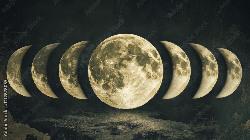 Lunar Phases Sequence Depicting Full Moon and Crescent Stages Against ...