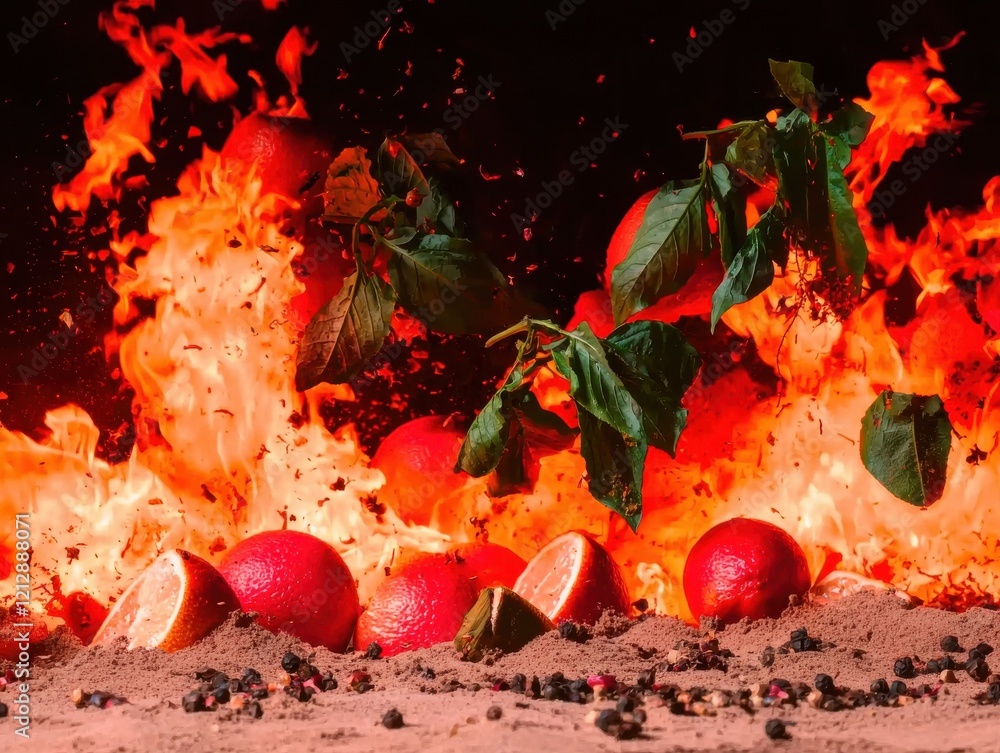 Dynamic explosion of color spices and fruits ignite fire macro view ...