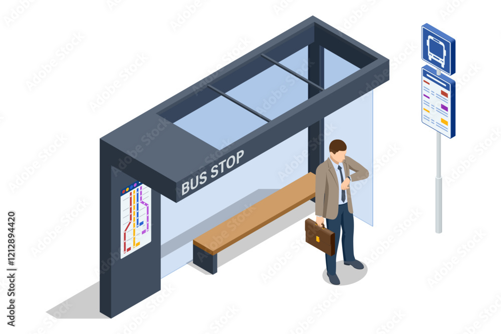A simple, modern isometric vector design of a bus stop. Includes a ...