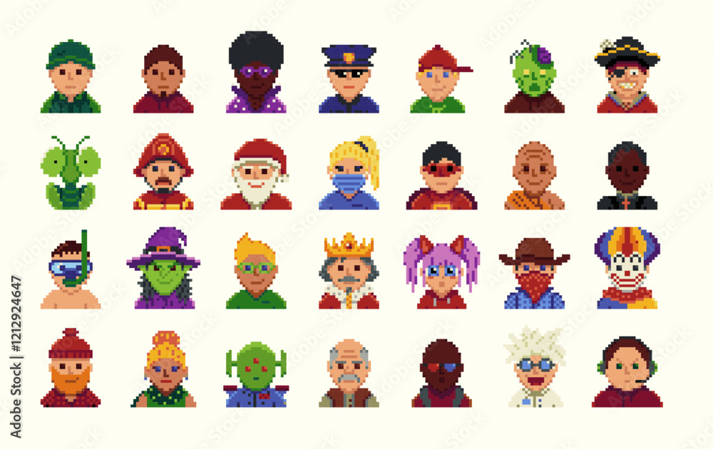 Pixel art characters set of the 8-bit avatar, funny faces in 80-s, NFT ...