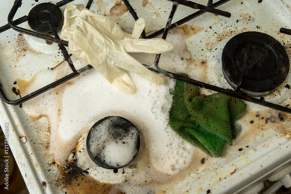 Messy cooking stove with burnt marks and cleaning foam applied Stock ...