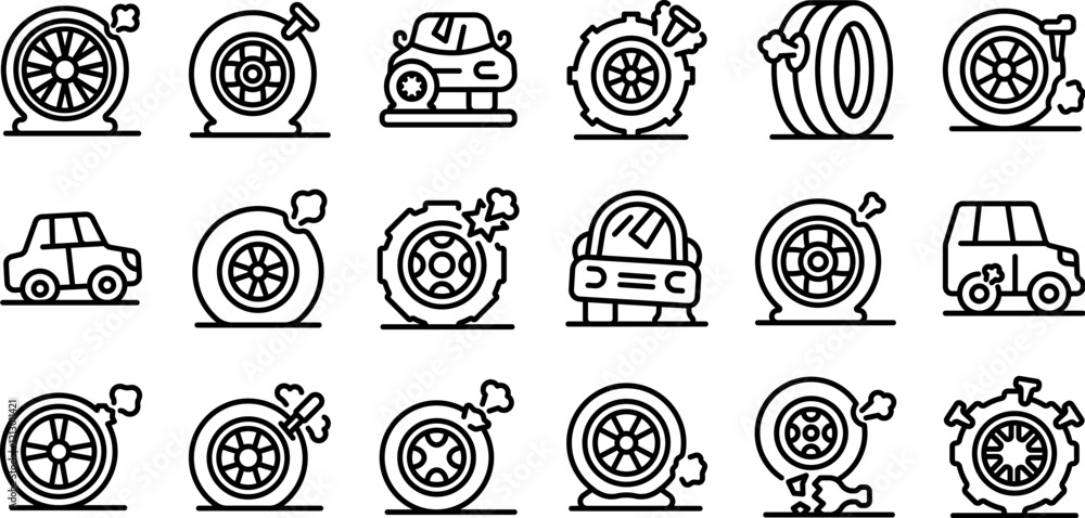 Punctured wheel icons set. Set of flat tire icons featuring various ...