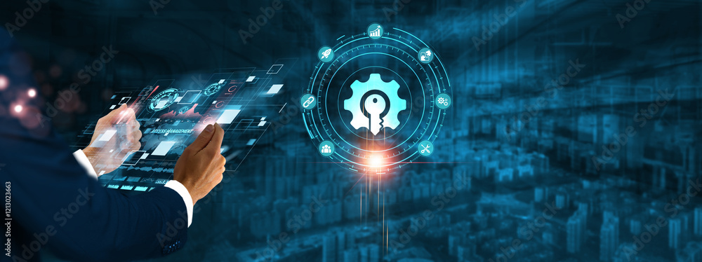 Access Management: Businessman holding virtual interface panel of ...