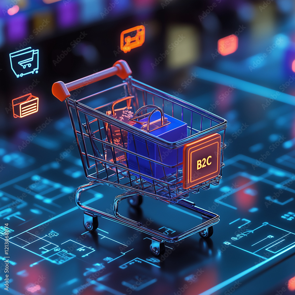 "B2C" on a gradient blue-to-green background with floating shopping ...