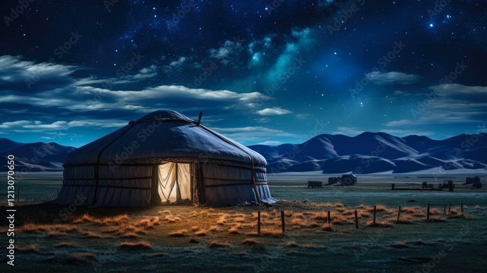 Starry Night in a Traditional Mongolian Yurt on the Fields Captures ...