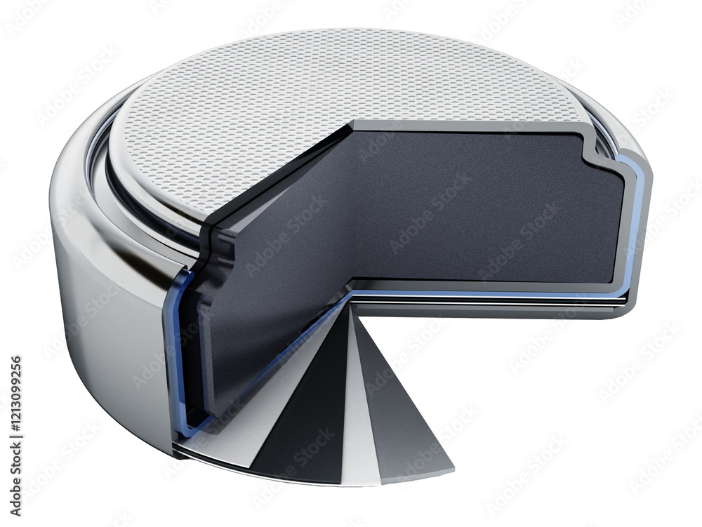 Layers of a button cell on transparent background. Cross section 3D ...