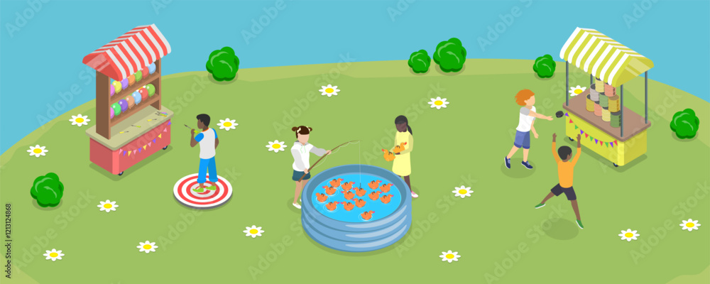 3D Isometric Flat Vector Illustration of Outdoor School Fair Games ...