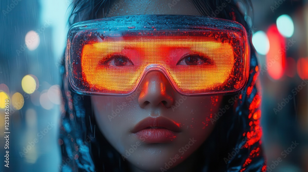 urban professional using holographic ar display in rainy cyberpunk ...