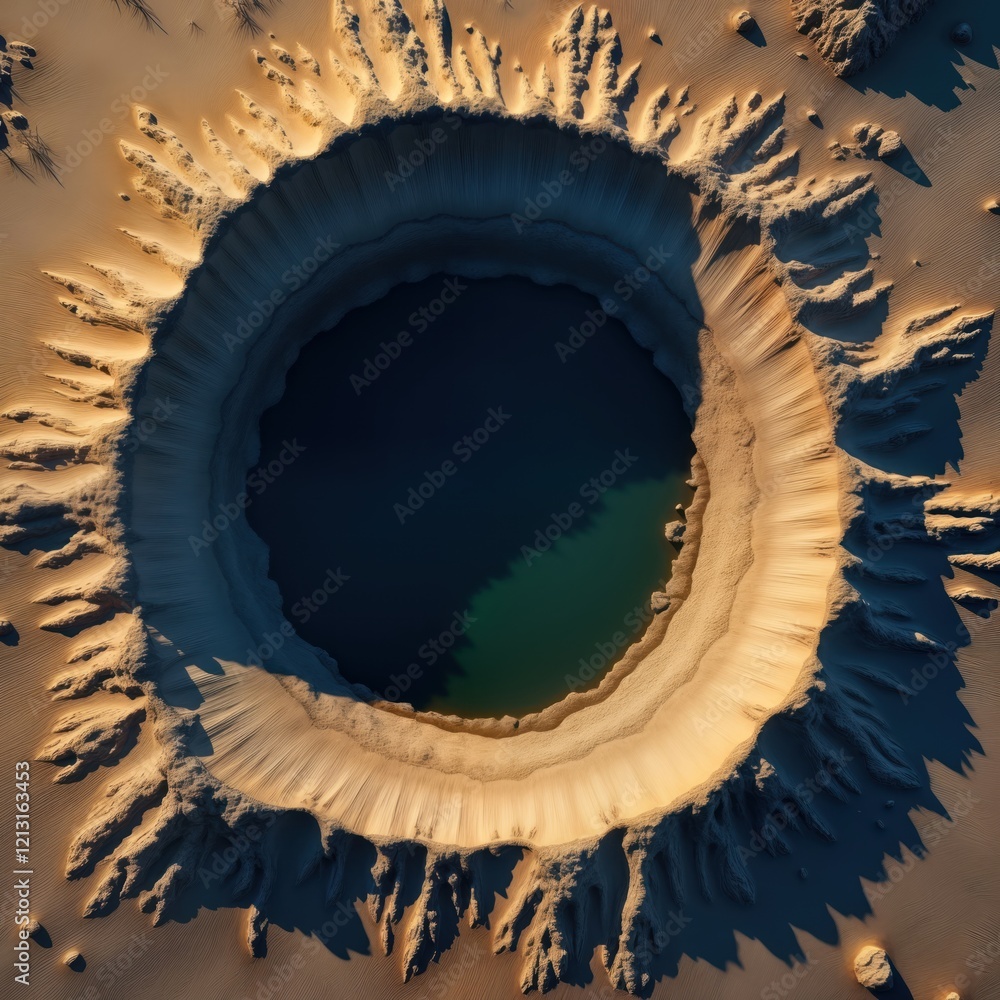 Top view shows large circular crater in barren landscape. Dark water ...