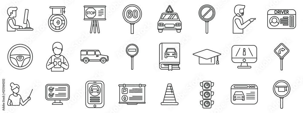 Stock-Vektorgrafik „Driving school lessons icons set. Driving school ...