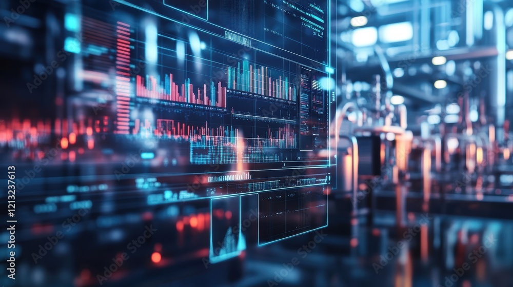 Futuristic transparent display reveals real time production data and key performance indicators ...