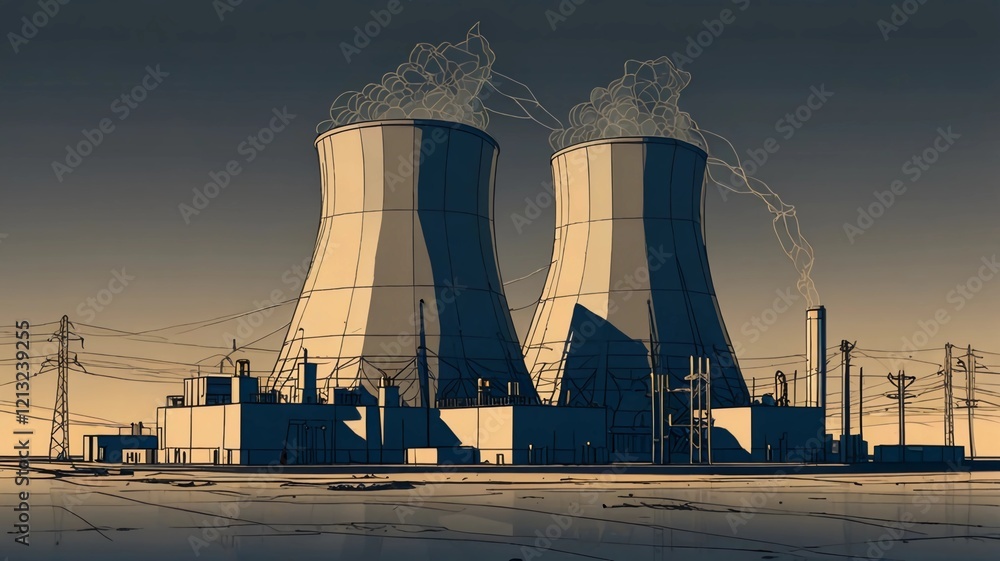 Nuclear power plant sketch. Isolated abstract polygonal nuclear reactor ...