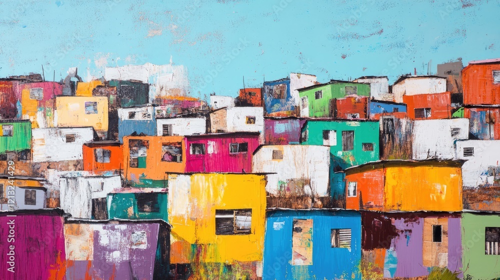 Colourful South African art with township village culture depicting ...