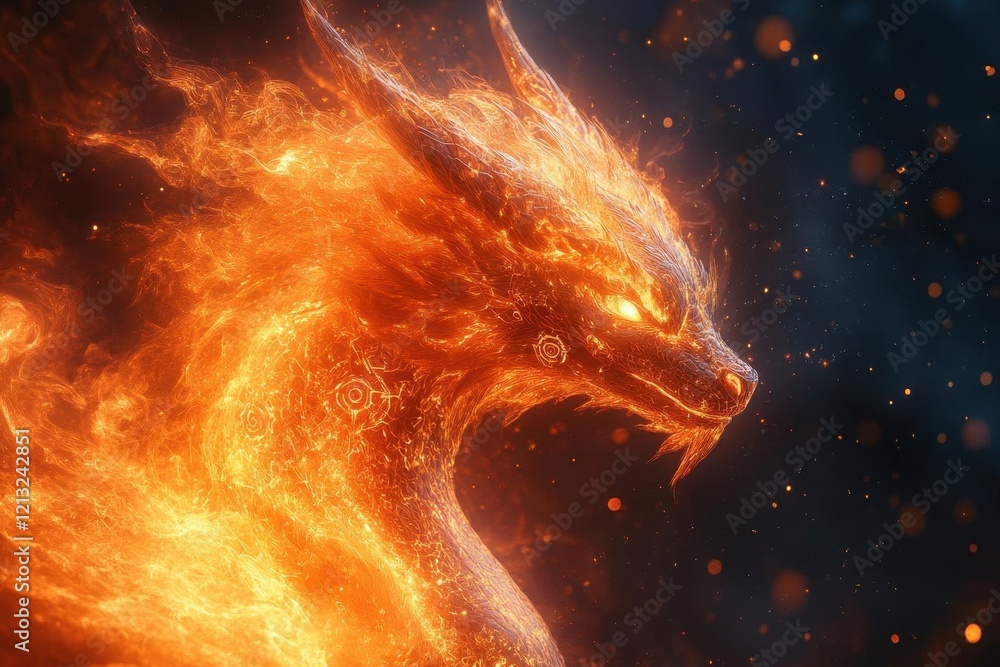 mythical fire dragon portrait with ancient symbols on dark background ...