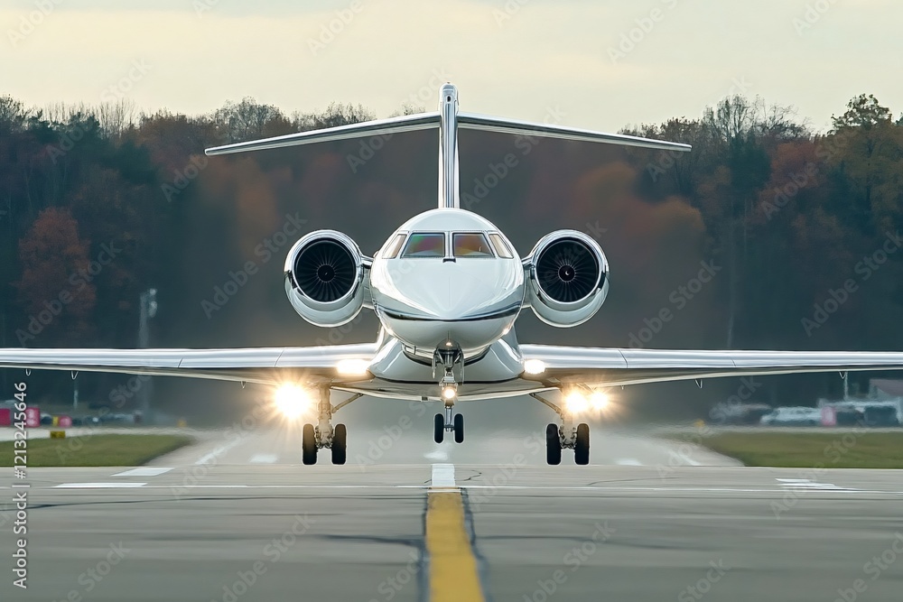 Modern private jet taxiing gracefully along the runway at sunset ...