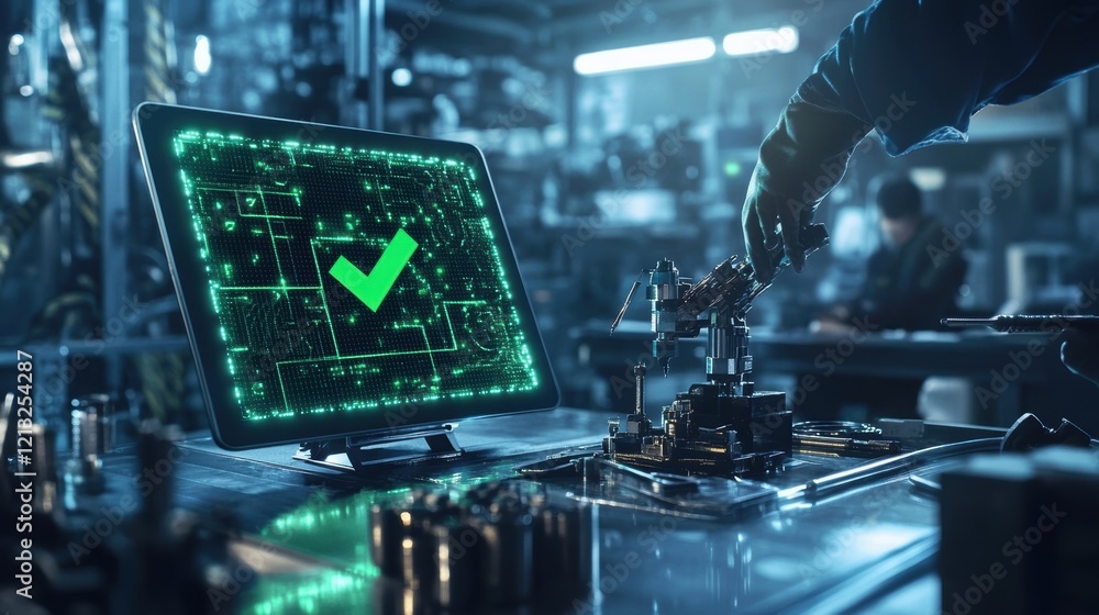 In a modern factory, an engineer is assembling a complex device, while ...