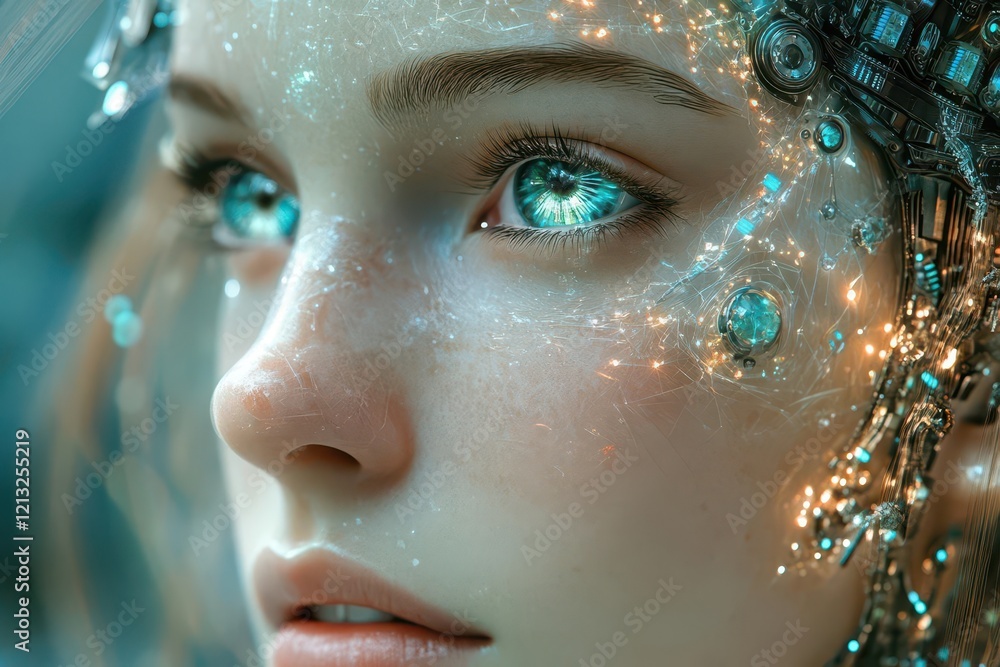 ethereal biomechanical android priestess with iridescent chrome skin ...