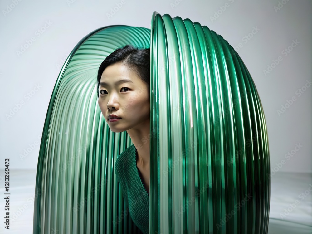 Green Glitched and corrupted female face. Model hidden behind mirror ...