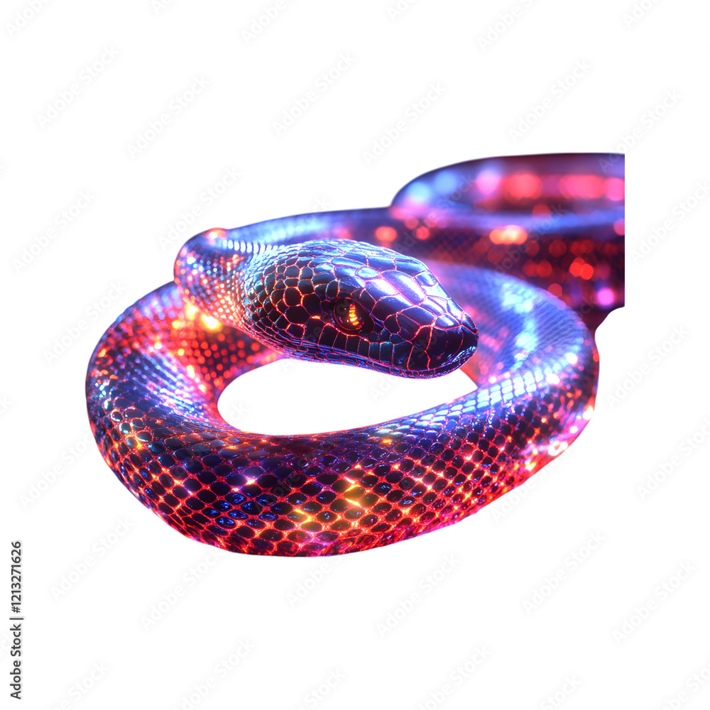 Glowing Snake with Metallic Scales and Neon Patterns on transparent ...