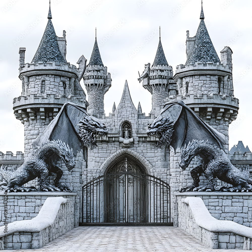 Majestic Stone Castle with Dragons Stock Illustration | Adobe Stock