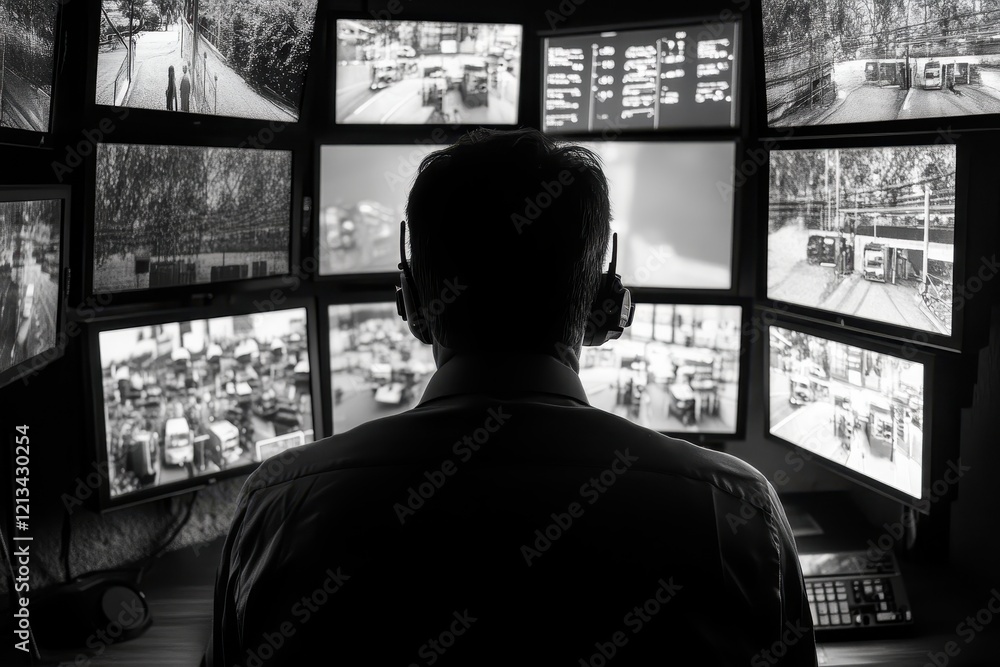 Security guard monitors multiple screens displaying various CCTV feeds ...