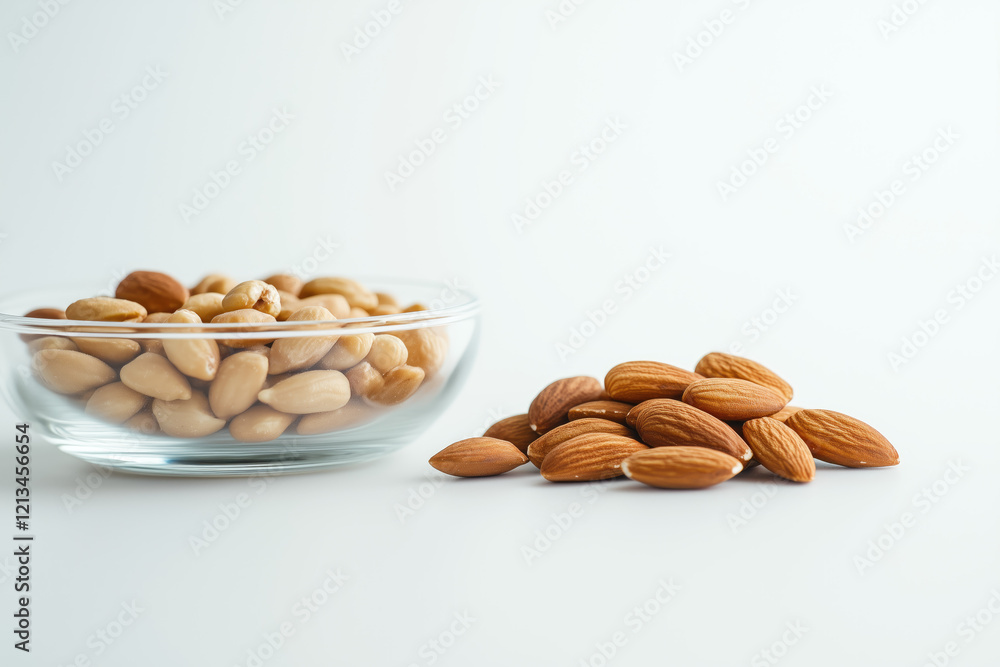 Roasted peanuts and almonds on a white background, a classic and ...